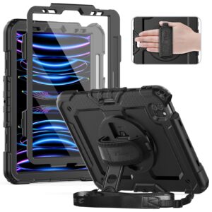 timecity case for ipad pro 11 inch (1st, 2nd, 3rd, 4th generation), heavy duty rugged protective case with built-in screen protector, pencil holder, 360 rotating stand&handle, shoulder strap- black