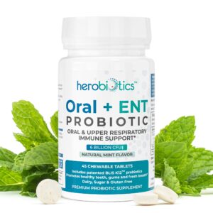 oral probiotics for better breath, gingivitis, strep throat, tonsil stones, ent - 6 bn cfu oral probiotics with lactobacillus reuteri, l. plantarum & blis k12-45 chewable tablets