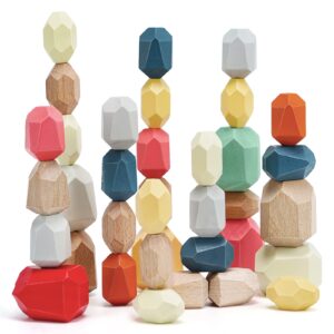 36pcs wooden sorting stacking rocks building blocks for 3 4 5 6 years old kids, balancing stones game educational preschool learning montessori toys toddler fine motor skill sensory toy, boy girl gift