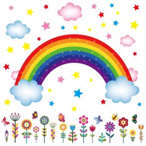 joyduo 3 sheets rainbow wall decal rainbow wall sticker, large removable rainbow butterflies clouds star flower wall decals for nursery kids girls bedroom decor