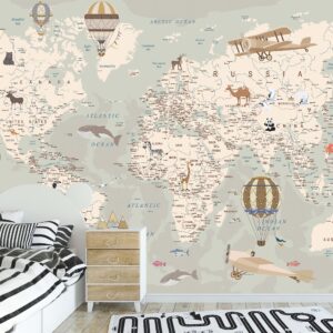 kids wallpaper world map with animals wall mural removable peel and stick wall murals for girls boys kids waterproof wallpaper room bedroom living room self adhesive mural wallpaper size 78.74x47.24in