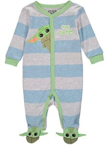 star wars baby boys mandalorian footie pajamas romper featuring baby yoda - baby pajamas - baby sleeper (blue/grey/green, 3-6m)