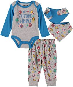 marvel the avengers baby boys clothing 3-piece set with bodysuit, pants, and bib baby boy clothes (grey/blue, 6-9 months)