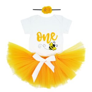 gouldianfinch infant baby girls 1st birthday outfits bee printed romper tutu skirt with bowknot toddler princess dress(bee, 12-18 months)