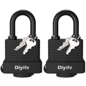 padlock with key, [2 pack] [4 keys] diyife padlock waterproof lock key padlocks 40mm heavy duty padlocks anticut, oustside laminated steel for gym locker, garage, fence, shed, yard,outdoor & indoor