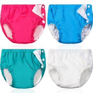 huukeay 4 pieces swim diapers reusable baby swim diapers adjustable snap swim diapers washable pool swim diapers for unisex baby girls boys (white, blue, green, rose red, 12-24 month)