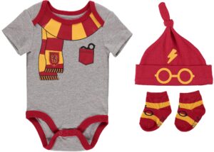 harry potter baby boys clothing 3-piece set with bodysuit, hat, and socks gifts baby clothes (3 pack grey/red/yellow, 3-6m)