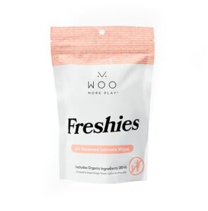 woo more play freshies: all-natural feminine intimacy towelette wipes with coconut water and aloe vera, promotes feminine health & helps alleviate irritation - vegan and cruelty free, 20ct