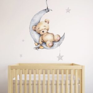 teddy bear sleeping on the moon nursery decals for wall | baby room nursery decor sticker | kids room decor wall art watercolor painted + extra stars