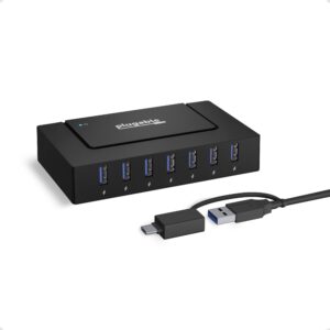 plugable 7-in-1 usb powered hub for laptops with usb-c or usb 3.0 - power station for multiple devices and data transfer with a 60w power adapter, driverless