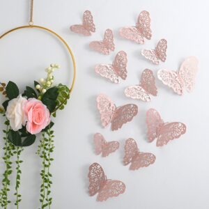 3d butterfly wall stickers, removable metallic wall decals fridge sticker room mural decoration for kids bedroom nursery classroom party wedding decor diy gift, rose gold, 36pcs