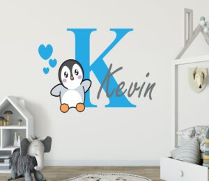 cutedecals love penguin custom name - personalize penguin name wall art - unisex wall decal for nursery playroom bedroom decoration (wide 22x13 height)