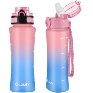 oldley kids water bottle for school with straw chug lid, 15 oz unbreakable leak-proof bpa-free motivational water bottles with time marker for travel sports gym, 2 lids, candy pink/blueberry