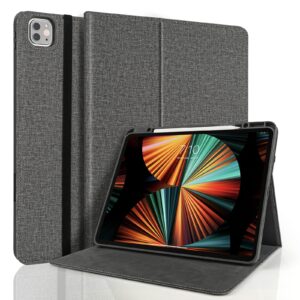 ipad pro 12.9 case 6th generation 2022 / 5th gen 2021/2020 4th / 2018 3rd gen, ipad pro cases with pencil holder, full-body protection leather cover for women, auto wake/sleep - grey