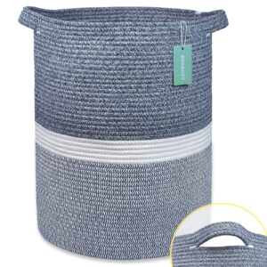 bosroty large blanket basket, tall laundry basket 72l, nursery hamper, laundry hamper, clothes basket laundry, large storage basket, cotton rope basket, toy basket, 16”x 22”,blend navy blue & white