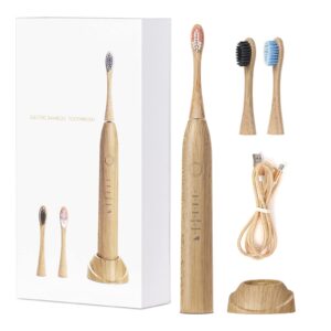 electric bamboo toothbrush, sonic toothbrush ipx8 waterproof, 2 minute timer, 3 rechargeable and replaceable bamboo toothbrush head