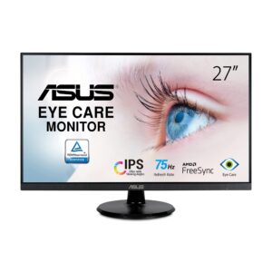 asus 27” 1080p monitor (va27dq) - full hd, ips, 75hz, speakers, adaptive-sync/freesync, low blue light, flicker free, vesa mountable, frameless, hdmi, vga, displayport, tilt adjustable (renewed)