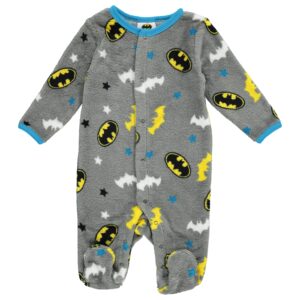 dc comics batman baby boy plush polar fleece romper with footie sleeper printed coverall (grey/yellow, 0-3 months)