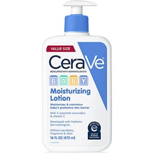 cerave baby lotion, gentle baby skin care with ceramides, niacinamide & vitamin e, fragrance, paraben, dye & phthalates free, lightweight moisturizer, 16 ounce