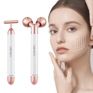 aibokee 2 in 1 face massager electric, 3d face massager roller and t shape facial massager roller vibrating,skincare tools for face arm eye waist leg,powered by one aa battery（2 piece set）