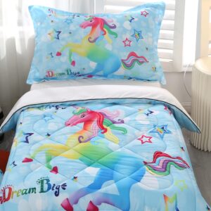 vivilinen blue unicorn toddler comforter set for girls 3 piece rainbow unicorn kid toddler bedding set for kids bed-in-a-bag bedspreads quilt set with comforter, 2 pillowcases