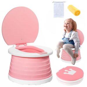 travel potty for toddler, portable toilet seat for kids, foldable travel toilet with a roll of cleaning bags for car, camping, outdoors