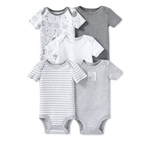 lamaze baby super combed natural cotton short sleeve bodysuit, snap closure, 5 pack, white and grey variety, newborn