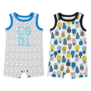 lamaze baby boys' super combed natural romper, 1 piece coverall, sleeveless jumpsuit with shorts, 2 pack, cool blue and black pineapples, 6 months