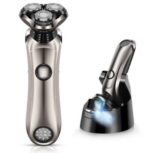 xmox rechargeable mens shaver with stand for clean sterilization, wet/dry electric shaver with pop-up trimmer, ipx 7 100% waterproof, lcd battery display, 4d pivot flex heads