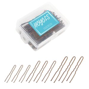 hoyols u shaped assorted size hair bobby pins, metal bun clips hairpin crimped design with ball tips for women girls grips hairstyle, 150 count bulk pack (brown)