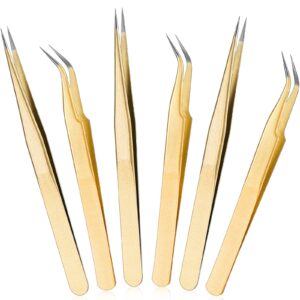 6 pieces eyelash extension tweezers, straight and curved tip stainless steel tweezers nippers volume lash tweezers for eyelash extensions false lash application tools (gold)