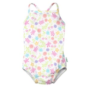 i play. by green sprouts baby girls one-piece swimsuit with built-in reusable and toddler swim diaper, white turtle floral, 24-3t us