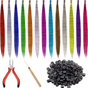 xinnun 52 pcs colored hair feathers extension kit for women 13 colors long straight synthetic hair feather 200 silicone lined micro ring crochet hook and lengthen remover plier for cosplay party