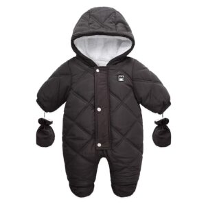 tengoait infant baby hooded snowsuit infant boys girls warm zipline winter jacket cute one piece footie outwear with gloves outfit black for 12-18 months (m1)