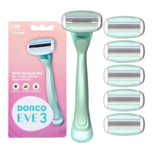 dorco eve3 razor smooth touch™ for women, includes 1 razor handle and 6 long-lasting razor blade refills (handle + 6 refills)