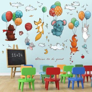 rainbow wsk animals balloons wall decals elephant rabbit fox bear clouds wall stickers woodland jungle animals wall decals peel and stick vinyl wall mural kids bedroom nursery classroom wall decor