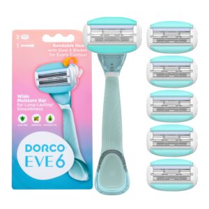 dorco eve6 smooth touch™ razor for women, includes 1 razor handle and 6 long-lasting razor blade refills| 1 handle + 6 cartridges (handle + 6 refills)