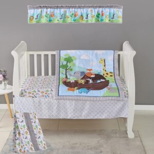 5 pcs noah's ark nursery crib bedding set blue grey animal theme baby crib bedding set quilt + skirt + fitted sheet + diaper storage bag + window valance