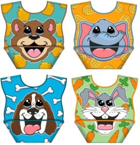 la baby crumb snatcher waterproof pocket bib large, catch-all pocket design, 4-pack (tiger, hippo, frog, dolphin)