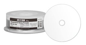 25 pack ritek pro (professional grade) bd-r blu-ray 4x 25gb watershield water resistant glossy white inkjet hub printable blank recordable disc