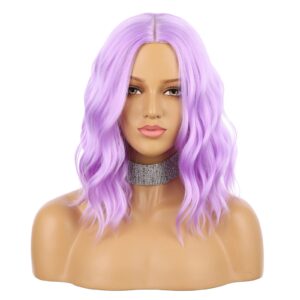 enilecor purple wig, short colored wigs bob wig for women, natural wavy colorful 14 inch middle part synthetic wig for cosplay party costume（lavender purple）