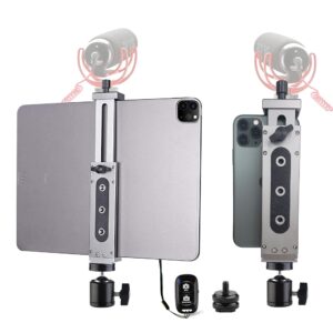 aluminum ipad pro tripod mount adapter holder with cold shoe ball head and bluetooth shutter for ipad pro 12.9 11 10.5, ipad air mini, surface galaxy tab, video recording 3.5 to 13.5" iphone tablet