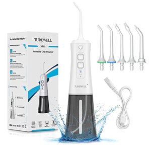 turewell water flosser cordless, oral irrigator for teeth, portable waterpick with diy mode and 3 replacement jets, ipx7 waterproof electric dental flosser for travel/home/braces (white)