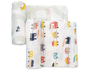 addison belle – 2 pack swaddle blanket – 100% muslin cotton newborn swaddle for baby boy/girl – soft lightweight baby wrap + receiving blanket – unisex – 47” x 47” (cars+trains)