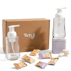 tirtyl hand soap duo kit - 2 glass foaming dispensers + storage tin + 6 tablet refills (48 fl oz total - 6x 8 fl oz) - new formula - compostable packaging - variety fragrances