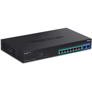 trendnet 10-port gigabit web smart poe+ switch with 8 gigabit poe+ ports, 2 sfp slots, 130w poe budget, vlan, qos, lacp, ipv4/ipv6 static routing,lifetime protection, black, tpe-1021ws