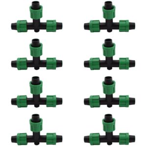 marrteum drip irrigation tee fittings universal barbed locking 3-way coupling connectors for 16-17mm drip tape tubing sprinkler system [8pcs, green]