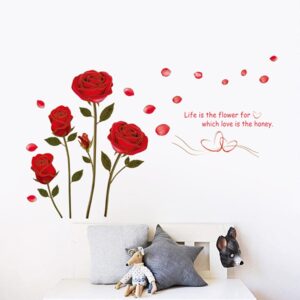 flowers rose wall stickers, removable romantic wall stickers murals, beautiful red rose wall decals for living room bedroom tv background kids girls rooms decoration (48 x 30inch)