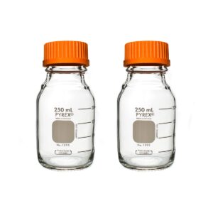 pyrex round media storage bottle with gl45 screw cap - borosilicate glass bottles with caps - premium scientific glassware for labs, classrooms or home use glass container, 250ml, 2/pk