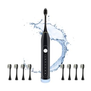 electric sonic toothbrush for adult and kids: sonic cleaning rechargeble toothbrushes with ipx7 waterproof, rechargeable electronic portable toothbrushes with 8 brush heads, 6 modes (black)…